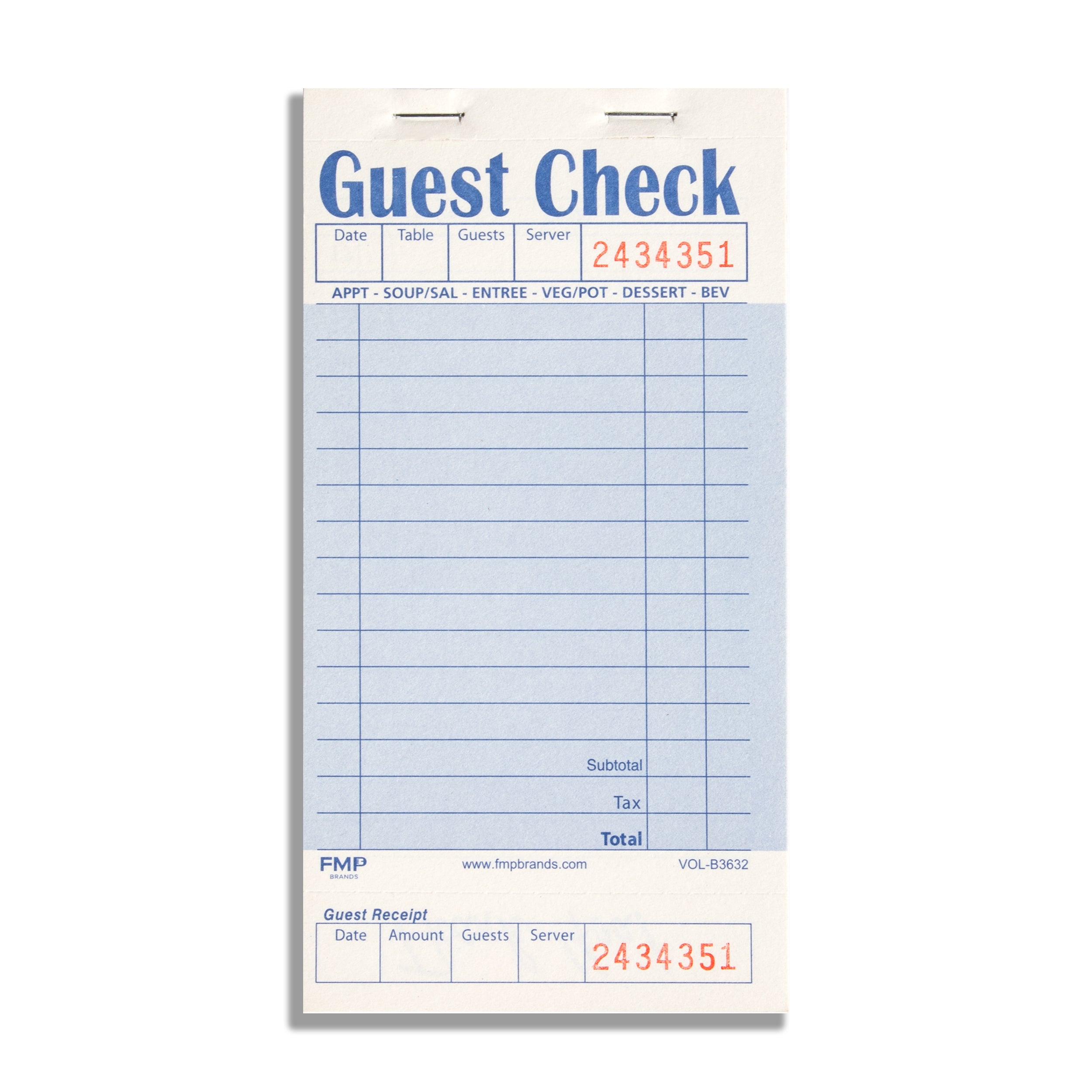 Blue Guest Check Pads for Restaurant Server (1 Part) | Inbulks
